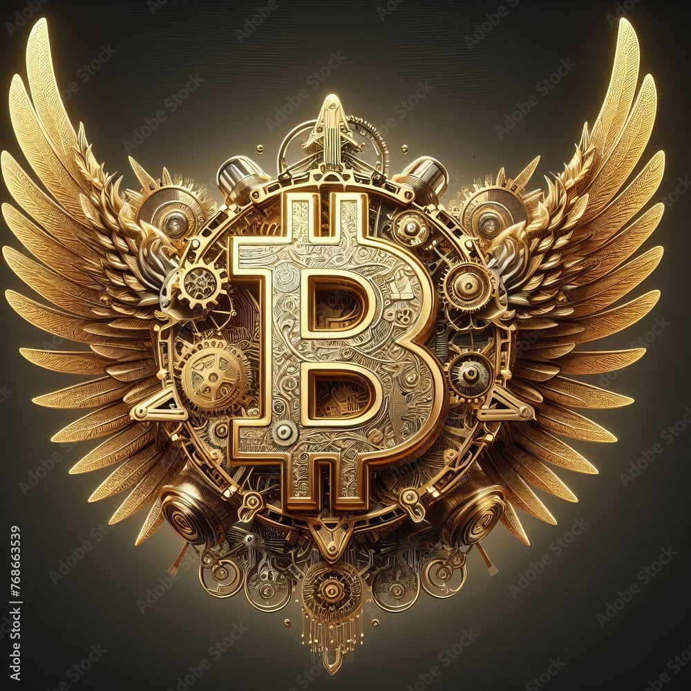 An intricate steampunk-inspired Bitcoin emblem, adorned with wings and ...