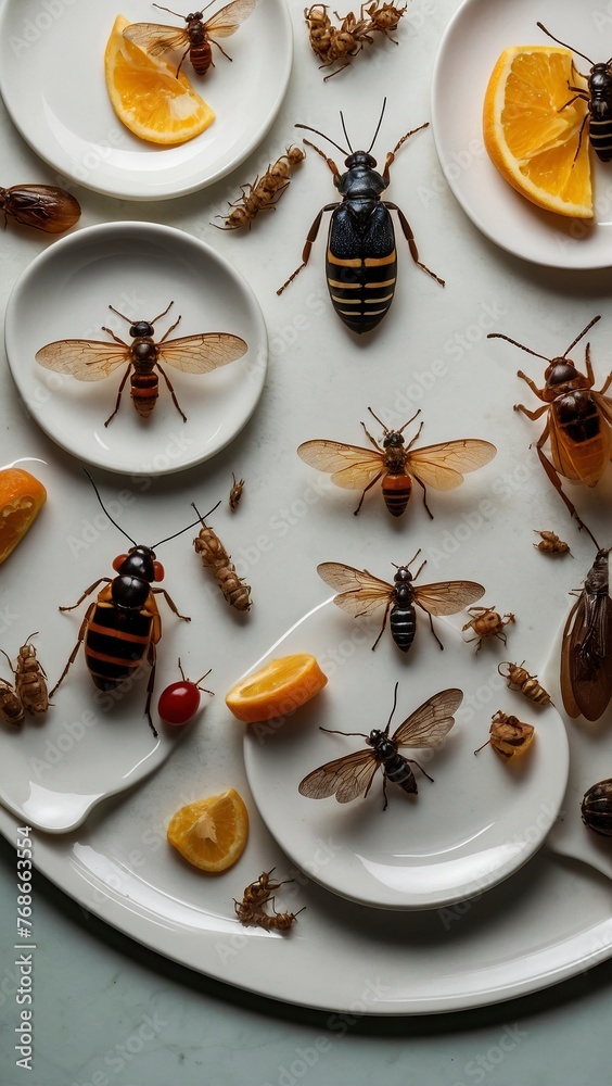 Insects, beetles and larvae as food on served plates. Concept Hunger ...
