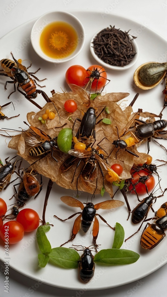 Insects, beetles and larvae as food on served plates. Concept Hunger ...