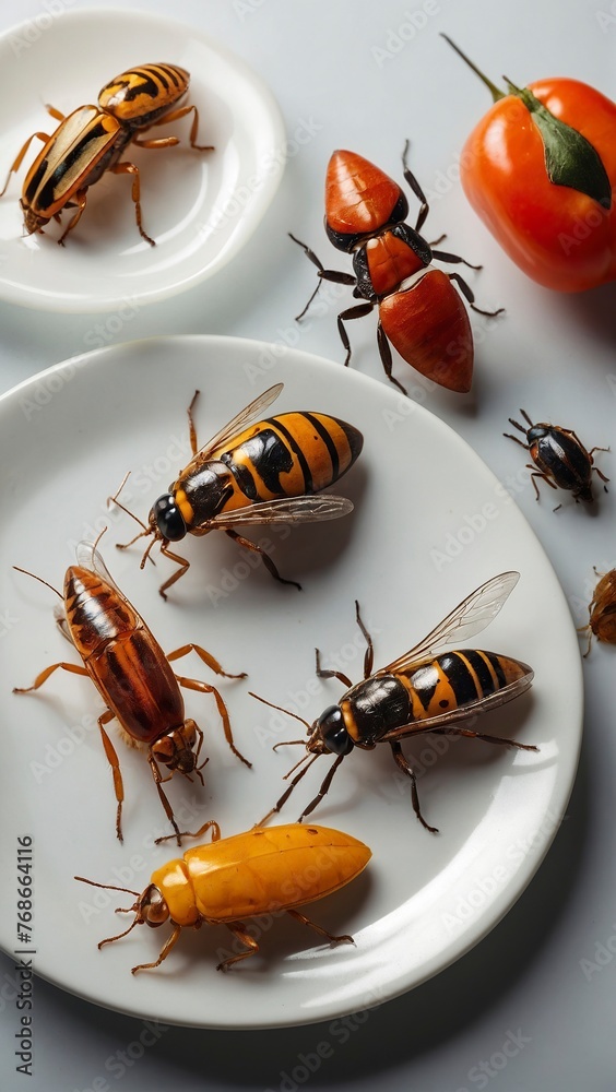 Insects, beetles and larvae as food on served plates. Concept Hunger ...