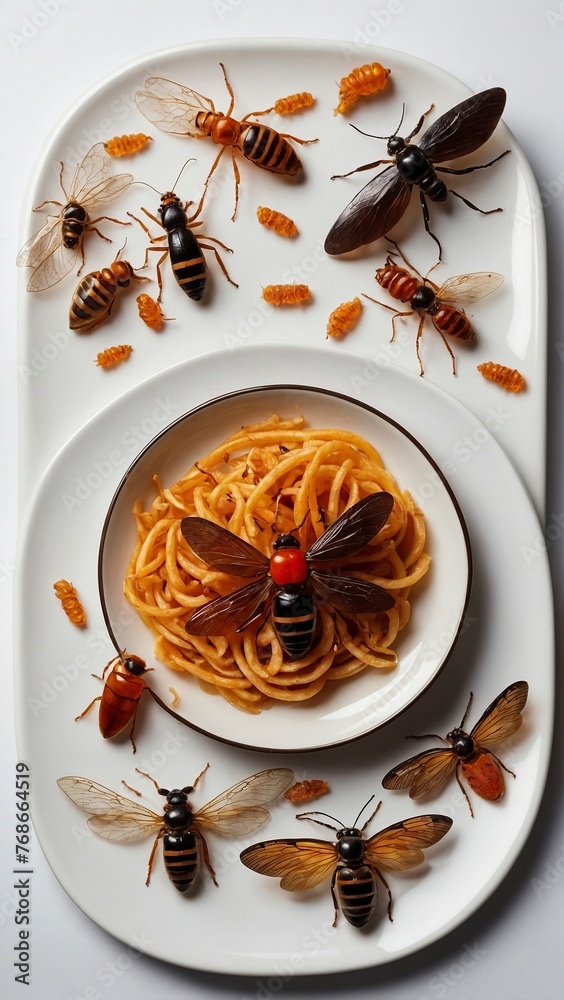 Insects, beetles and larvae as food on served plates. Concept Hunger ...