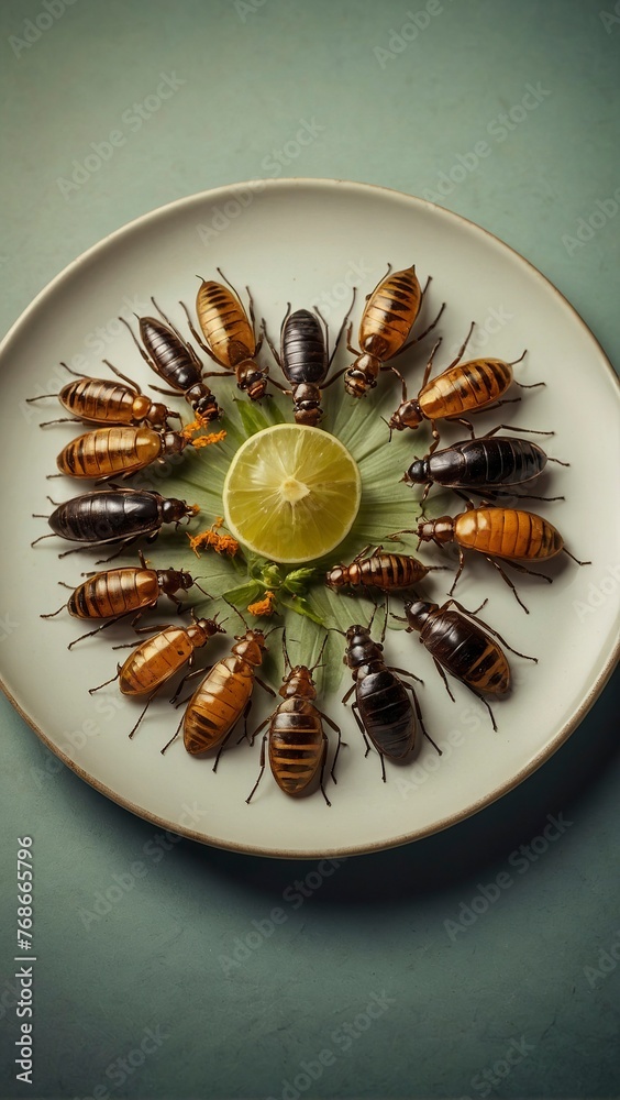 Insects, beetles and larvae as food on served plates. Concept Hunger ...