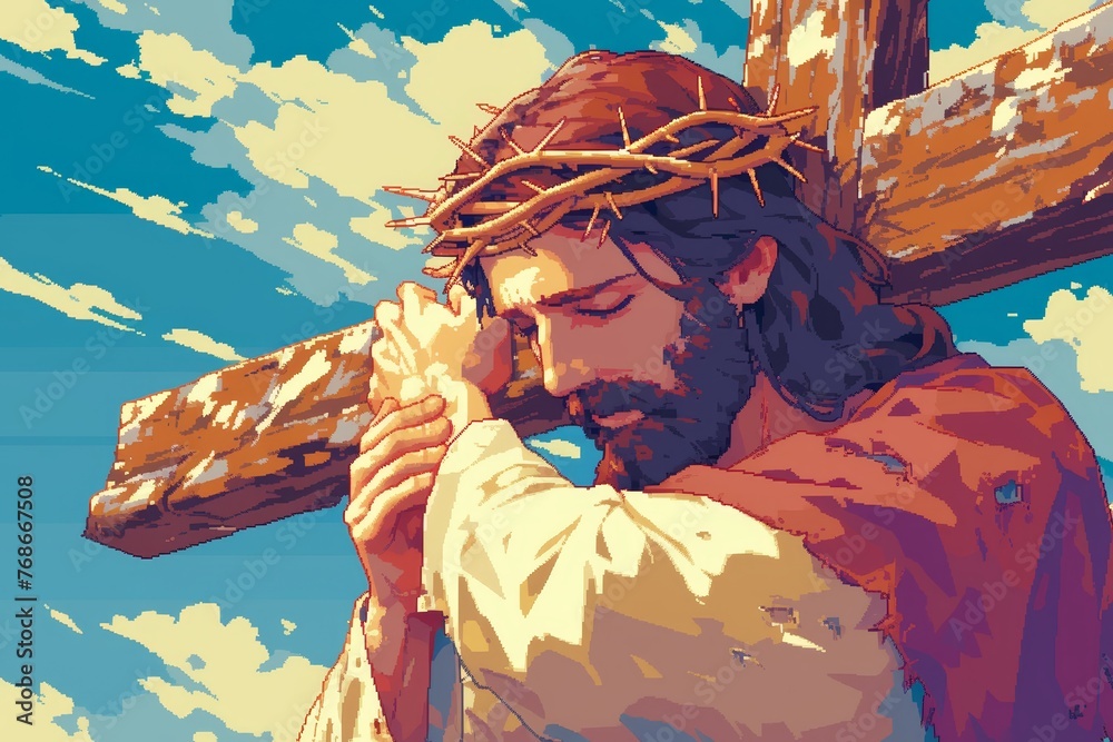 Jesus carrying the cross, colorful pixel art style Stock Illustration ...