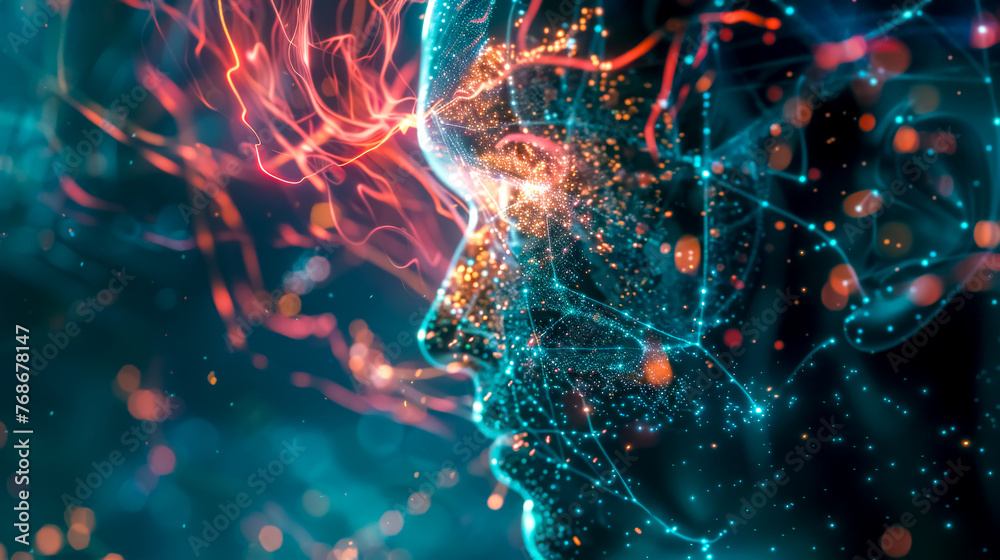 Abstract image of a human face depicted with glowing digital particles ...