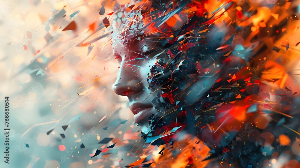 Poster An artistic rendering of a human face dissolving into an array of dynamic, shattering ...