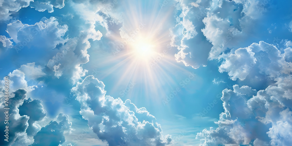 Stunning heavenly sun burst high up in the clouds - blue sky puffy ...