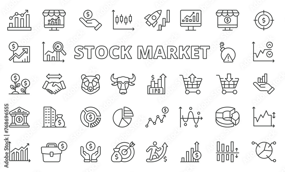 Stock market icons in line design. Business, stock exchange, analysis ...