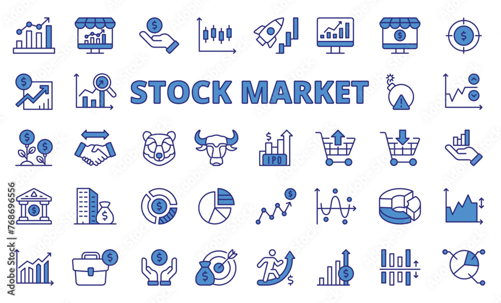 Stock market icons in line design, blue. Business, stock exchange ...