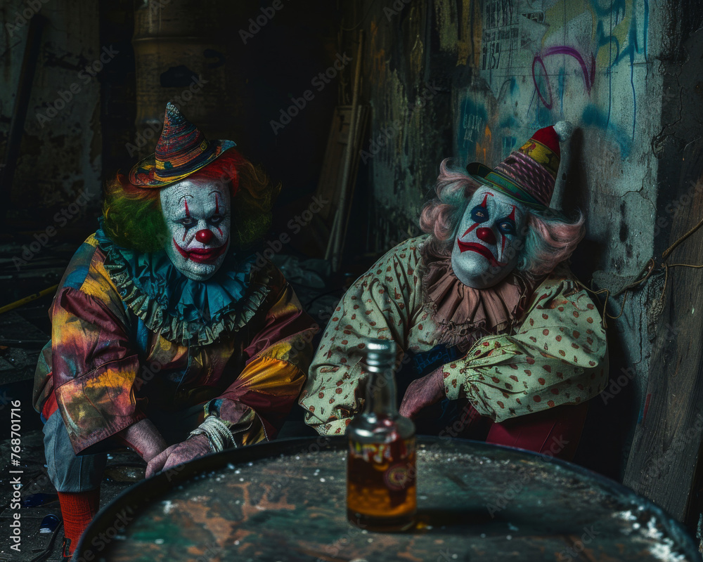 Sad clowns drinking in a decrepit environment. Two clowns with sorrowful expressions in a state ...