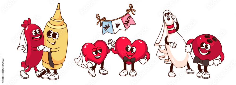 Groovy love couples cartoon characters set. Funny retro sausage and ...