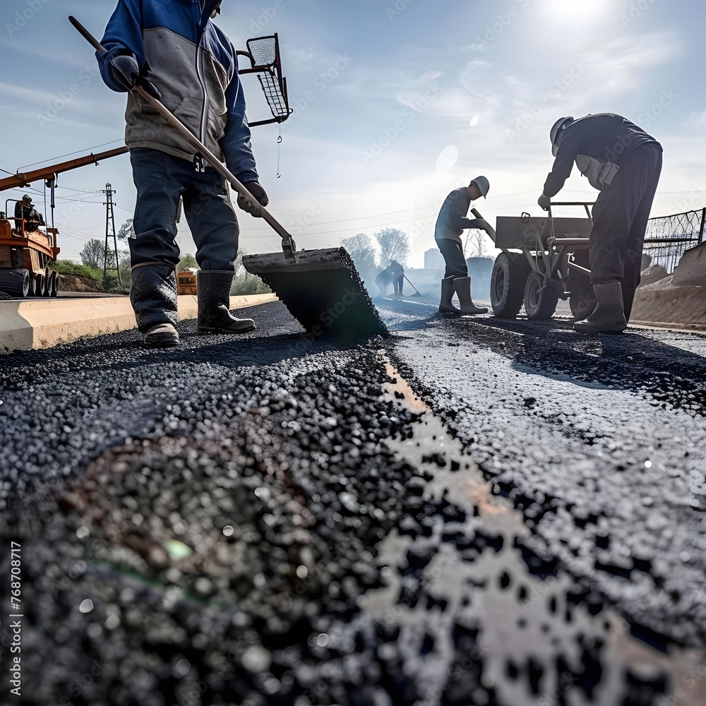 Dynamic image of road construction workers collaborating to lay tarmac ...