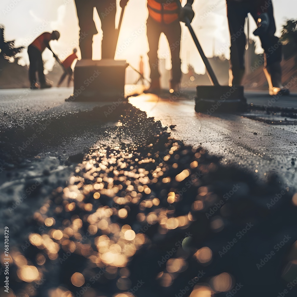 Dynamic image of road construction workers collaborating to lay tarmac ...