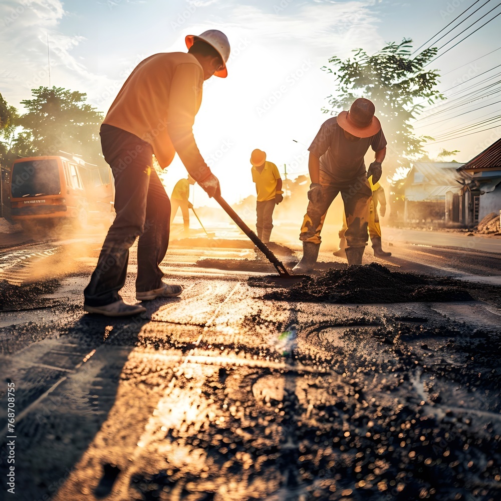 Dynamic image of road construction workers collaborating to lay tarmac ...