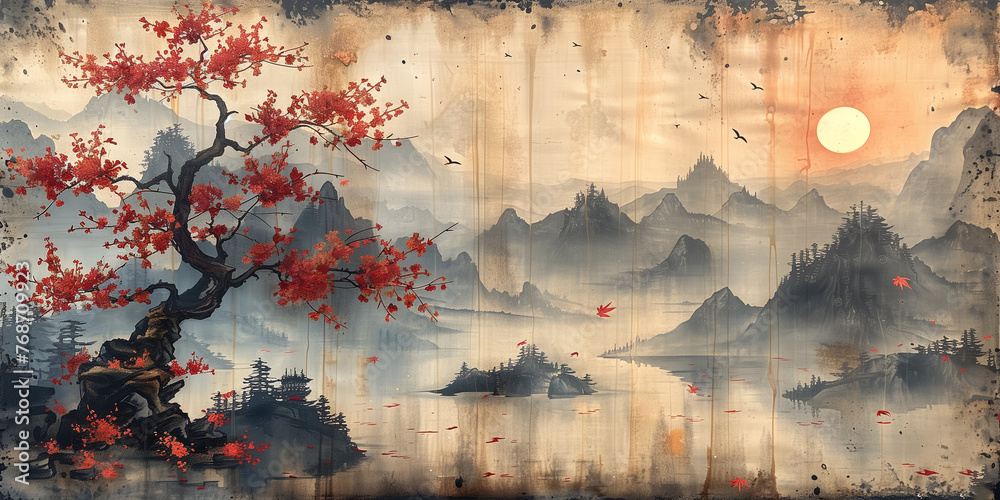 Traditional eastern art. Ink painting. Zen. ancient scroll. Fantasy ...