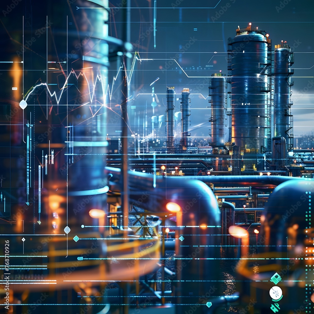 Futuristic holographic HUD display showing an oil and gas power plant ...