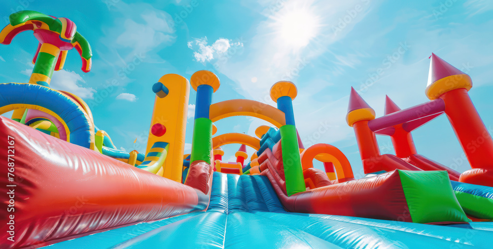 Colorido y gigante parque de juegos hinchables bajo un cielo despejado ...