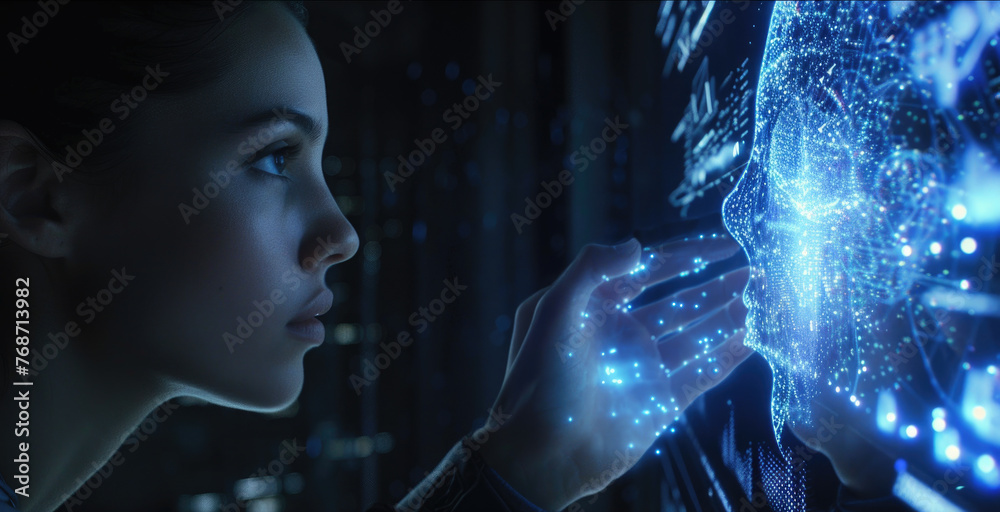 Female engineer works with at 3d-model of artificial intelligence ...