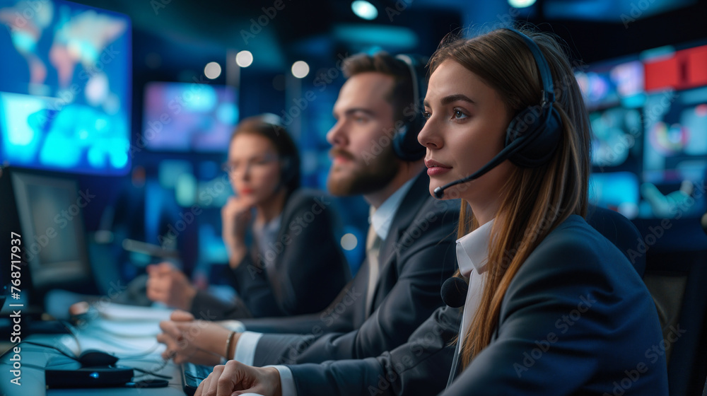 Broadcasters address news topics in a modern television studio set ...