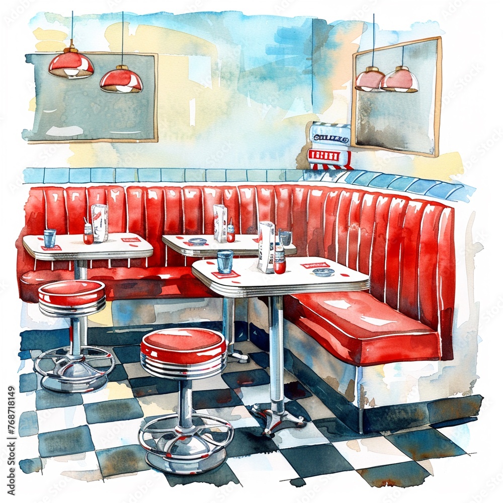 A classic American diner scene, clipart, watercolor illustration ...