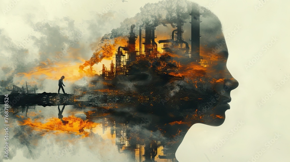 Conceptual composite of a human silhouette and industrial pollution ...