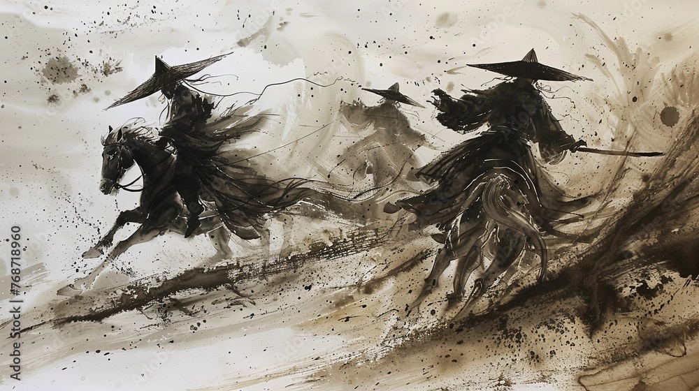 Chinese ink painting A group of men wearing black hats and robes rode ...