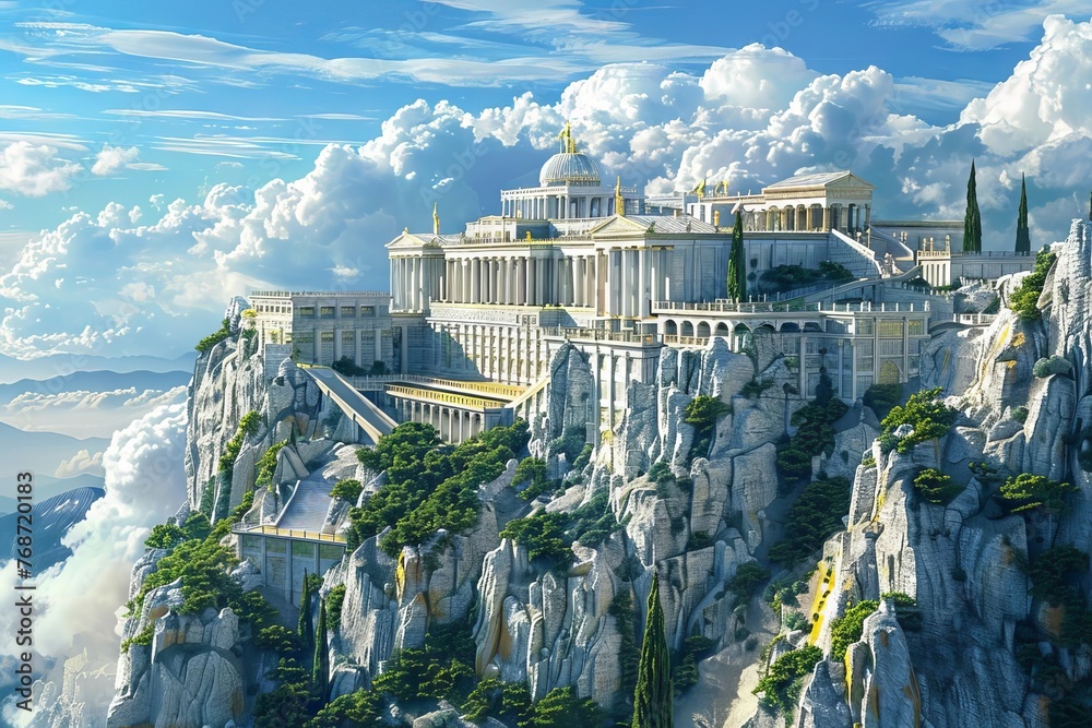Majestic fantasy palace atop Mount Olympus, mythical residence of Greek ...