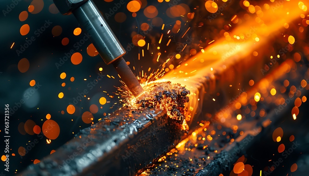 A focused shot captures the molten weld pool, welding rod, and sparks ...