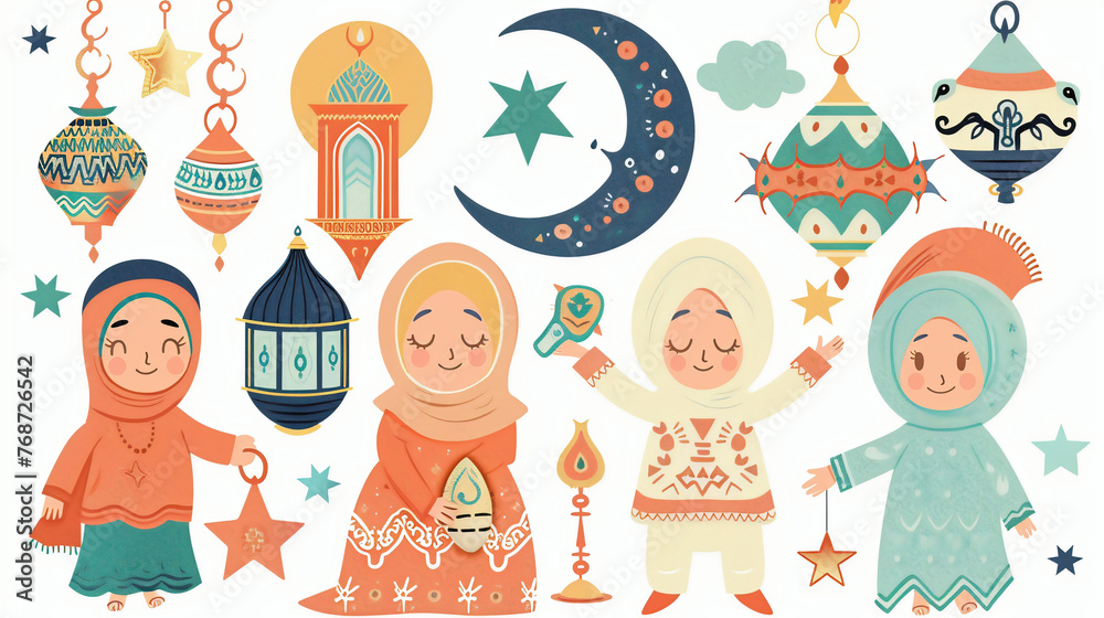 Ramadan clip art - set of Ramadan cartoon characters and design ...