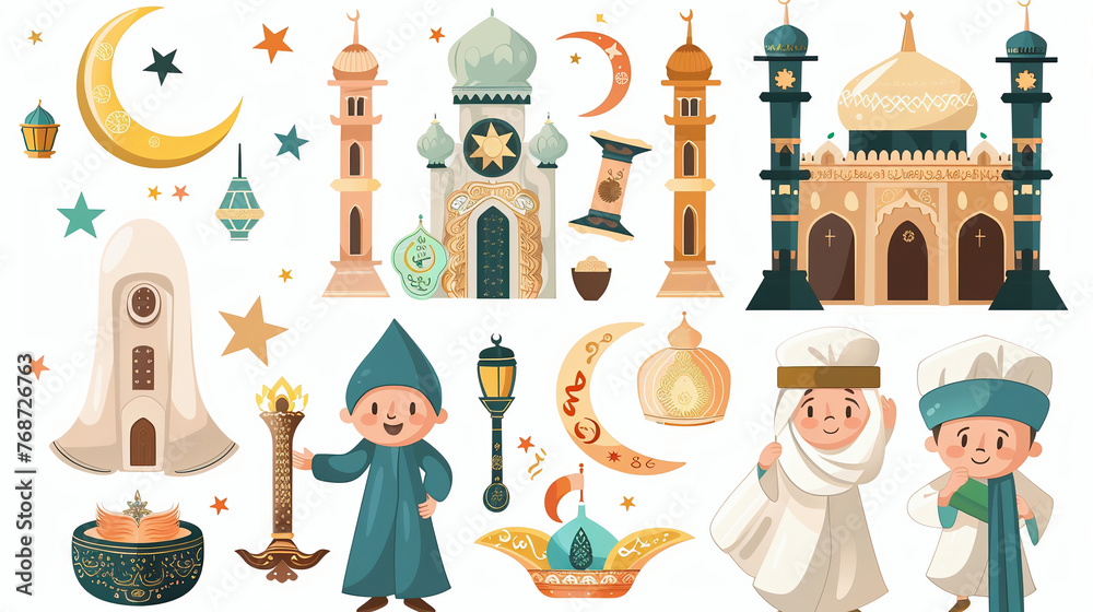 Ramadan clip art - set of Ramadan cartoon characters and design ...