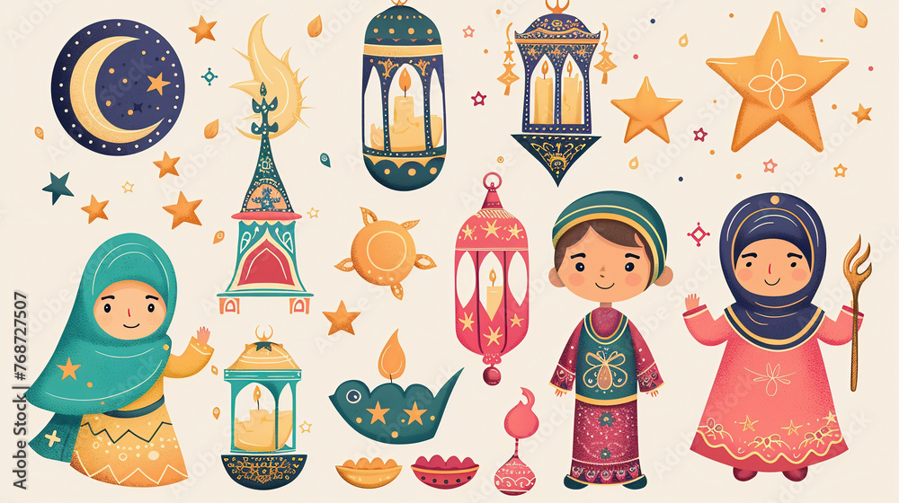 Ramadan clip art - set of Ramadan cartoon characters and design ...
