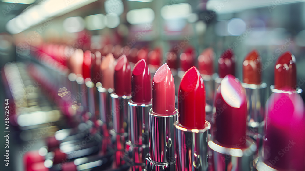 An array of lipsticks in red and pink hues, a production line in a ...