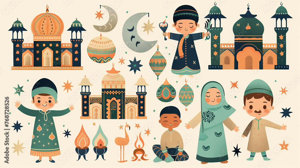 Ramadan clip art - set of Ramadan cartoon characters and design ...