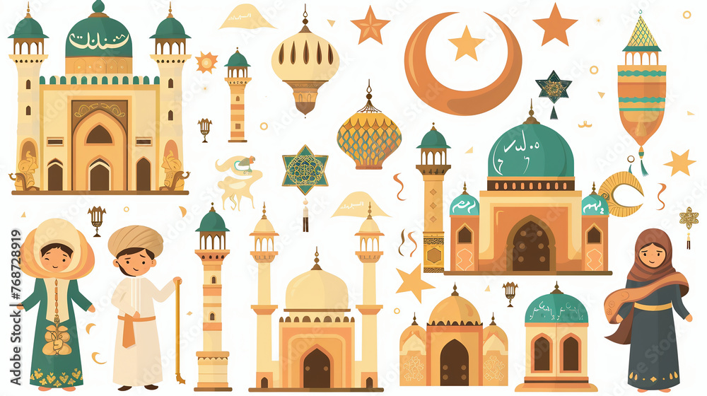 Ramadan clip art - set of Ramadan cartoon characters and design ...