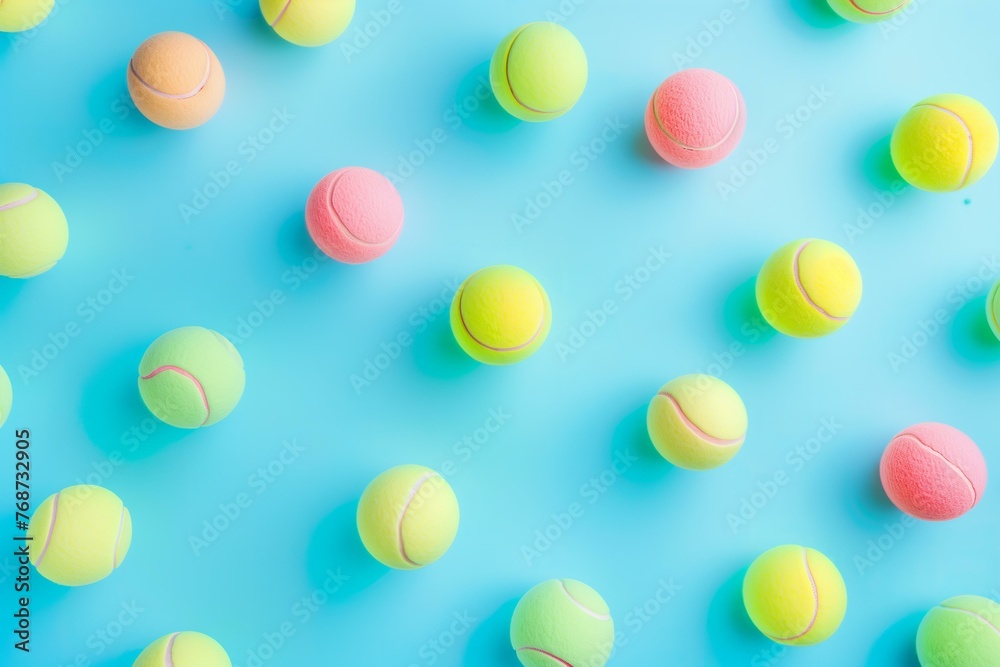 pastel color tennis balls flying on a pastel blue background Stock ...
