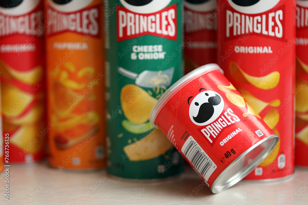KYIV, UKRAINE - FEBRUARY 27, 2024 Pringles original potato chips on ...