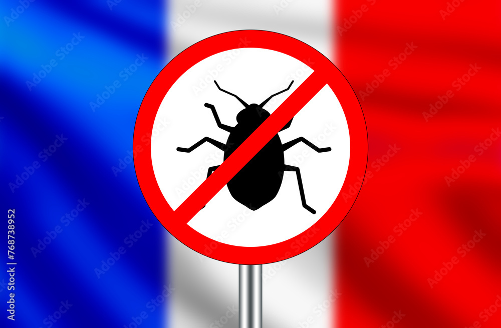 Fighting bedbugs in France. Crossed out beetle on street sign. France ...