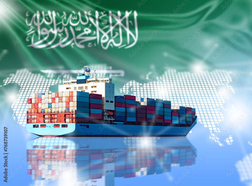 Ship flies Saudi Arabia flag. Sea vessel transporting cargo containers ...