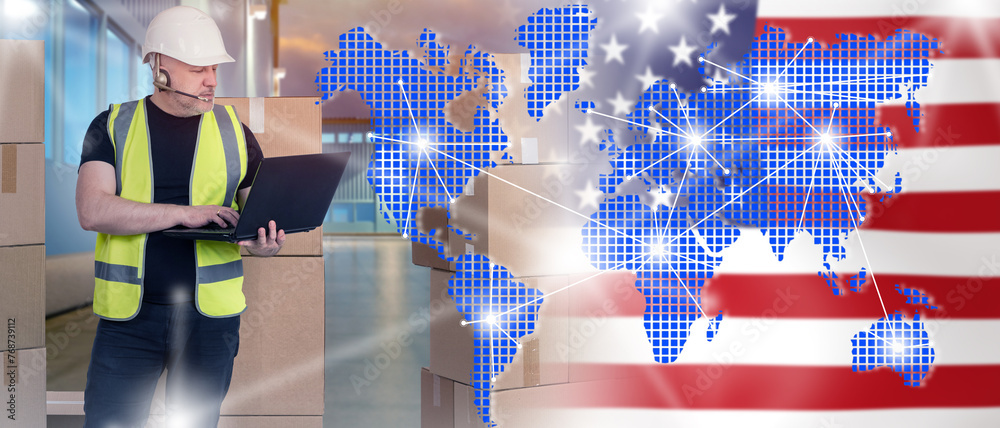 Man logistician from USA. Transport specialist with laptop. US flag ...