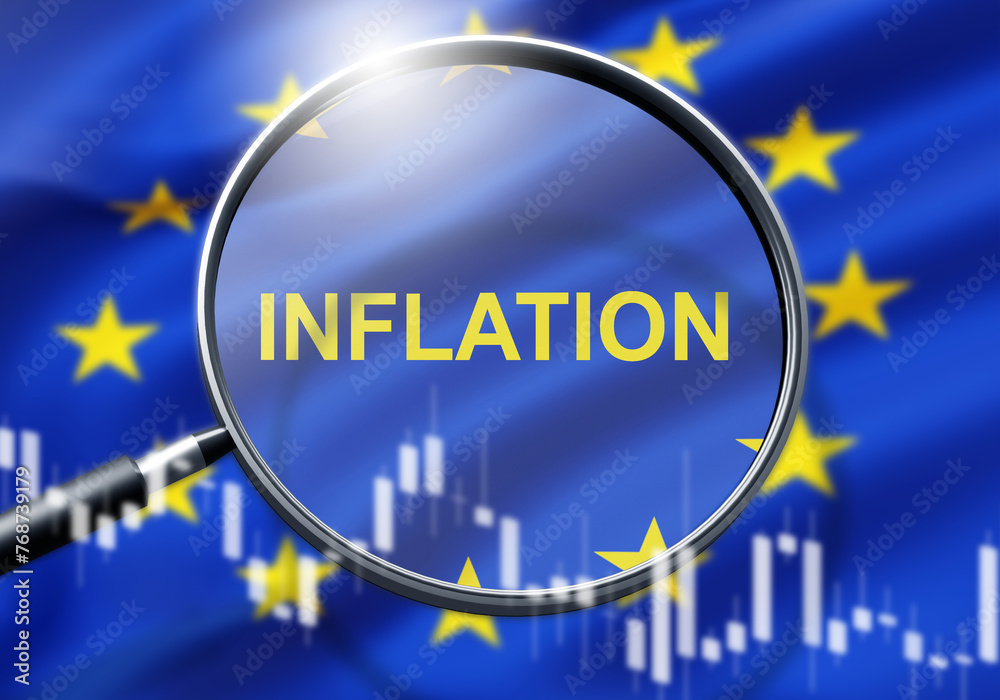 Inflation in European union. Crisis chart. EU flag. Economic inflation ...
