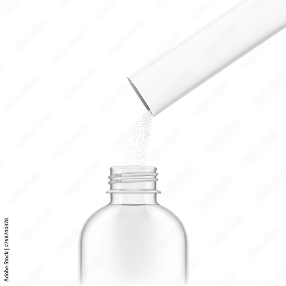 Stick pack pouring powder product on clear bottle. Vector illustration ...