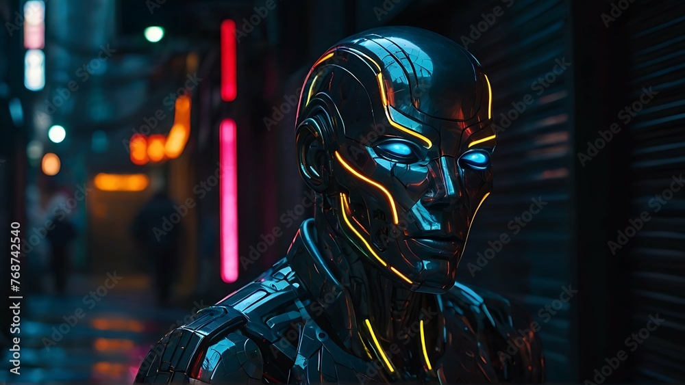 In a dimly lit alleyway, a mesmerizing android stands tall, its ...