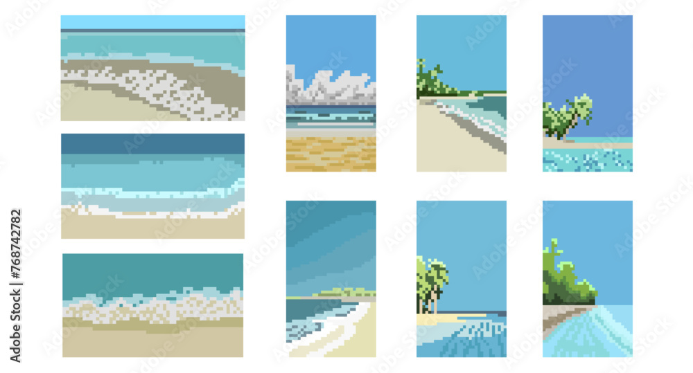 set Pixel beach background. Blank yellow sandy beach surf foam in ...