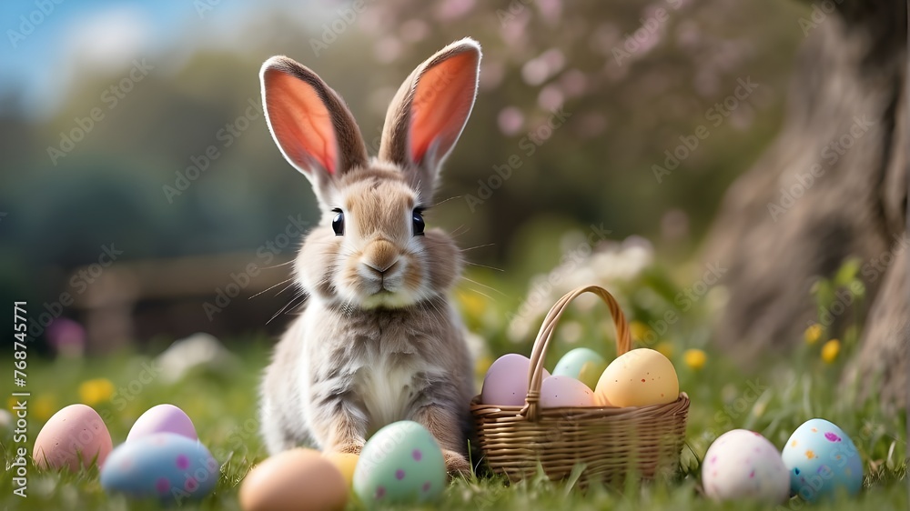 "An English Easter bunny wearing a construction helmet is standing in a ...