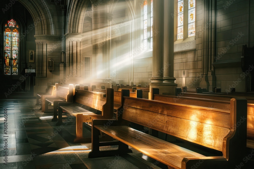 sunlight coming through the window of an empty church, catholic church ...