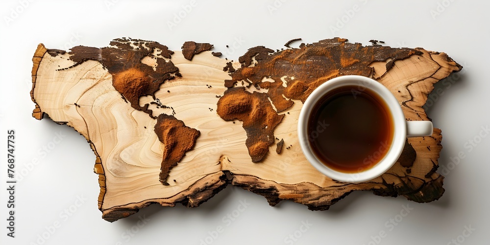 Global Coffee Journey on Wooden Map Surface with White Background Stock ...