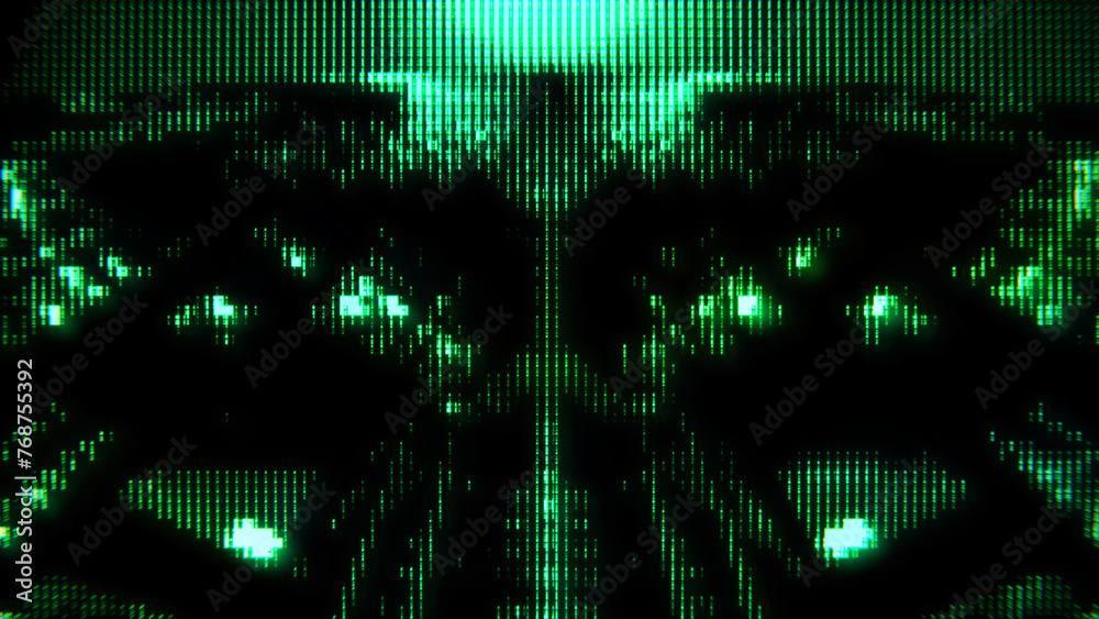 Abstract symmetrical retro tech background with green monochrome CRT ...