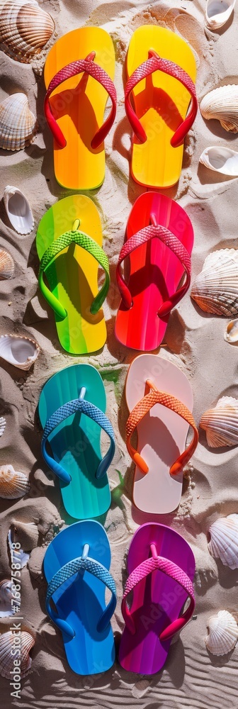 Colorful display of flip-flops arranged in a rainbow spectrum against a ...