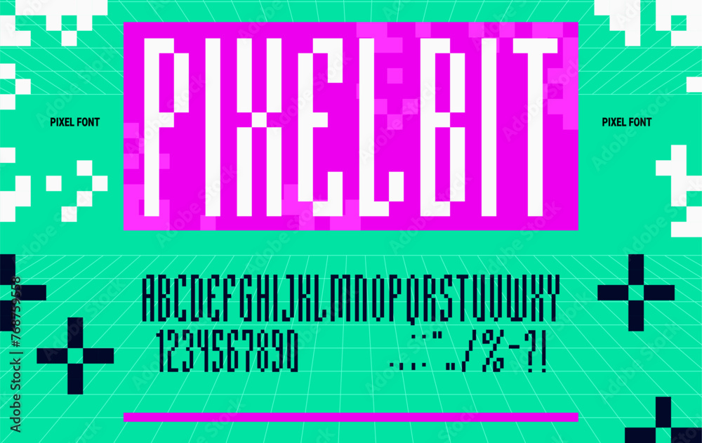 Pixel font, 8bit game geometric alphabet, digital typeface, binary type ...