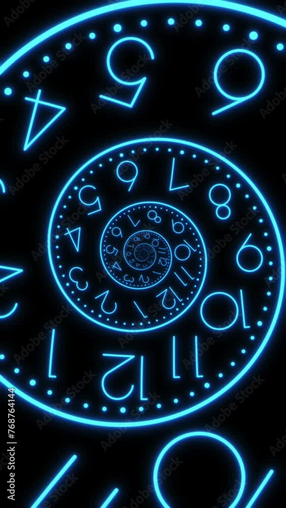 Modern simple blue neon glows infinite spiral clock face seamless ...