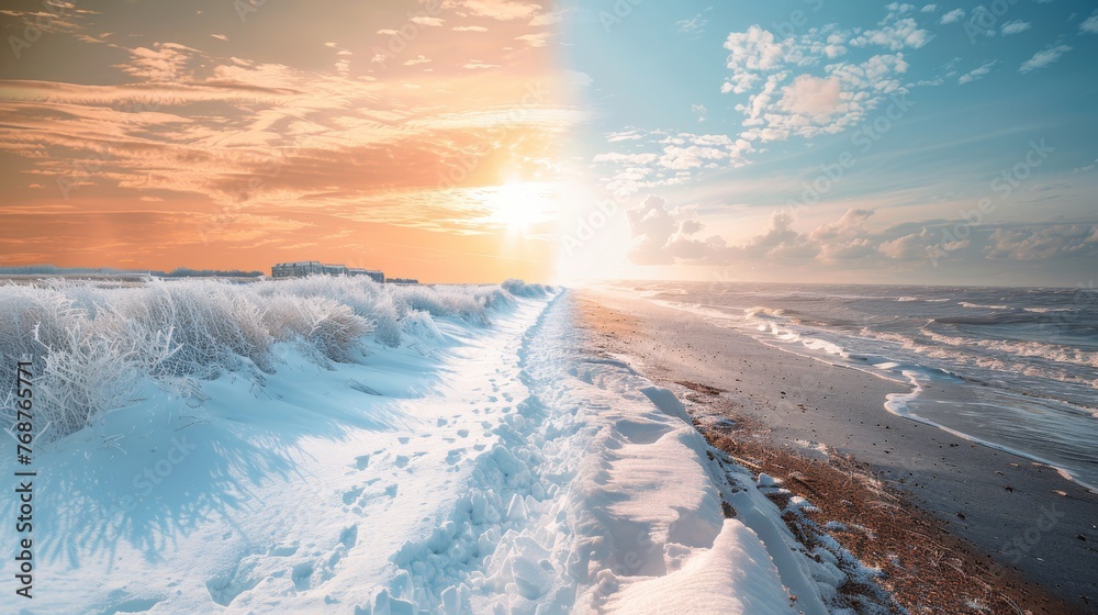 An icy, snow-covered landscape on the left slowly transitions to a warm ...